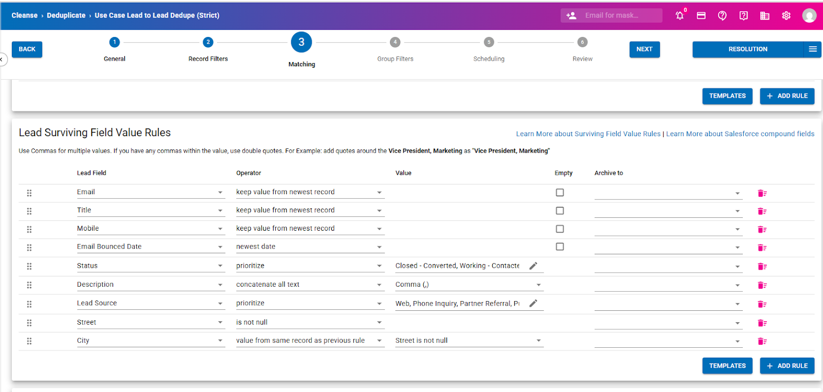 Overview of Surviving Field Values Rules in RingLead